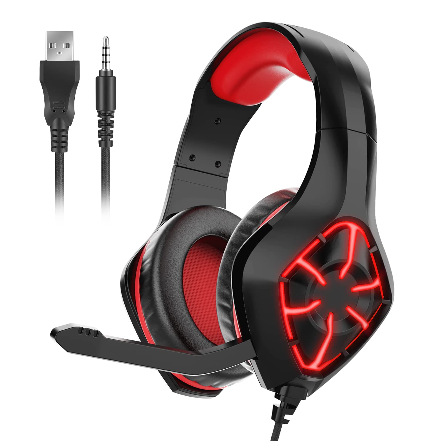 TUMAN Pro Gaming Headset with Microphone for Playstation 5,with RGB Lights and Stereo Channels,3.5mm Jack for PC Xbox One PS5,Comfort Upgrade (Red)