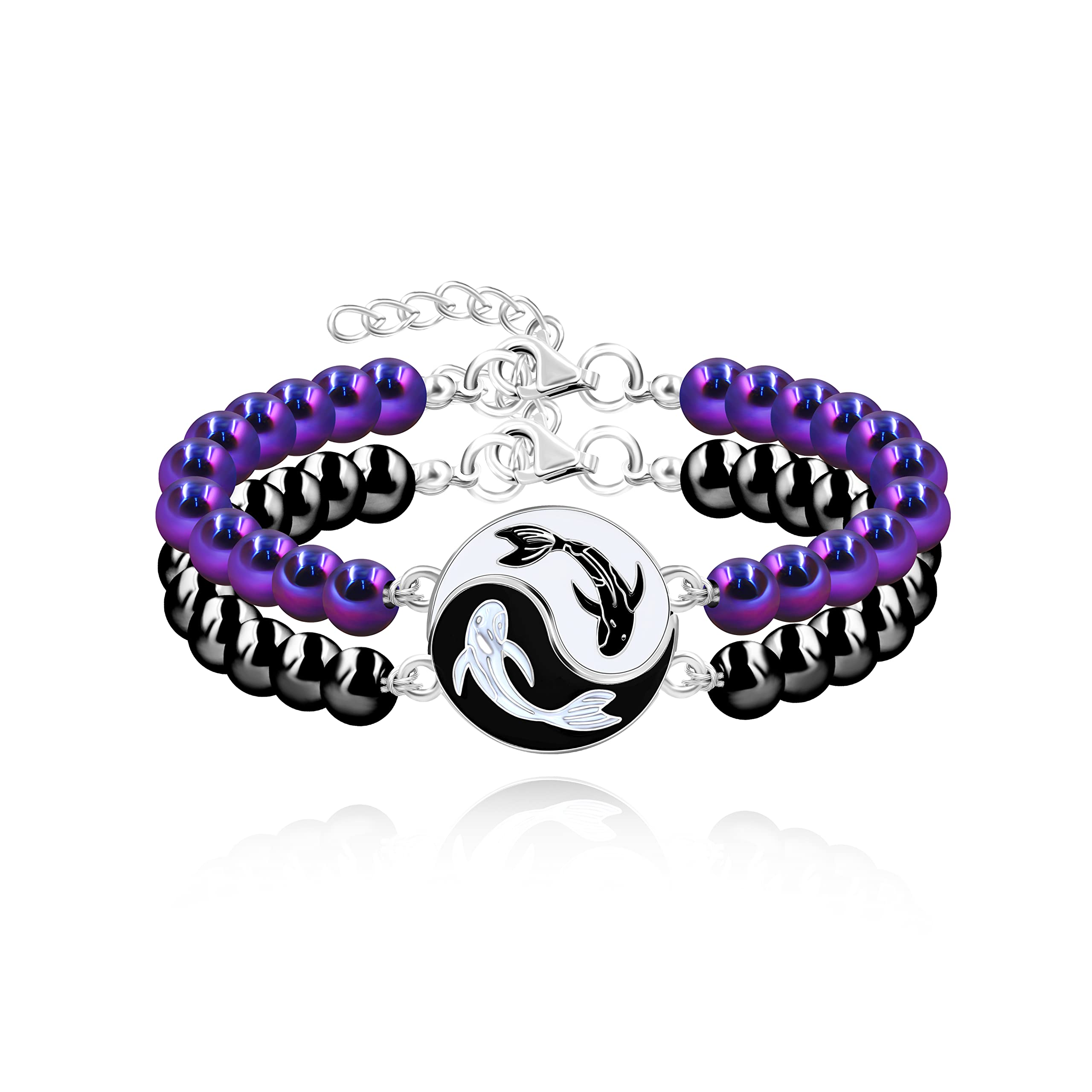 Yin Yang Fish Bracelets Set for Couples - His and Hers Round Black Purple Hematite Beads Bracelets,Matching Puzzle YinYang Fish Bracelets for Boyfriend Girlfriend Best Friends Y2100