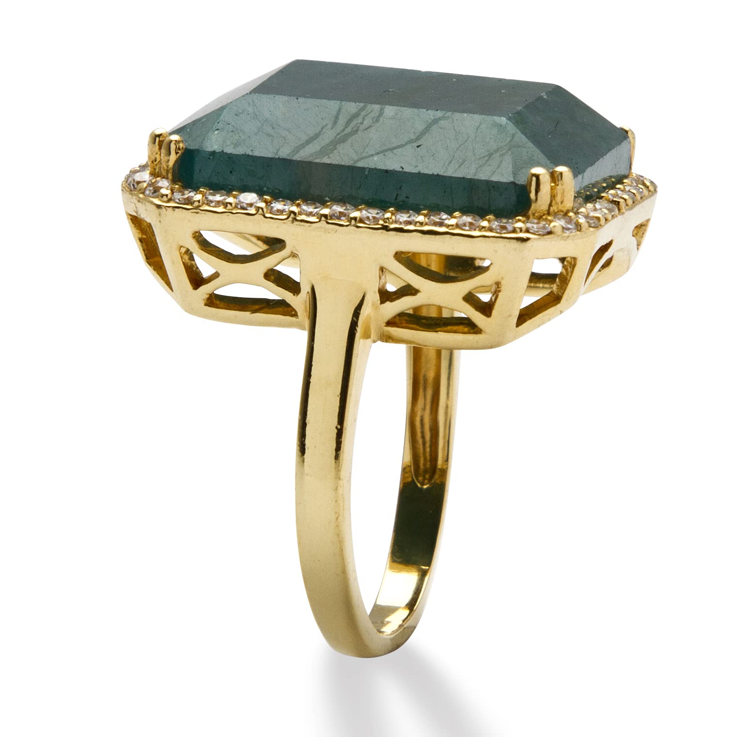Yellow Gold-plated Sterling Silver Emerald Cut Genuine Green Sapphire and Round Cubic Zirconia Halo Ring Sizes 6-10 Size 10