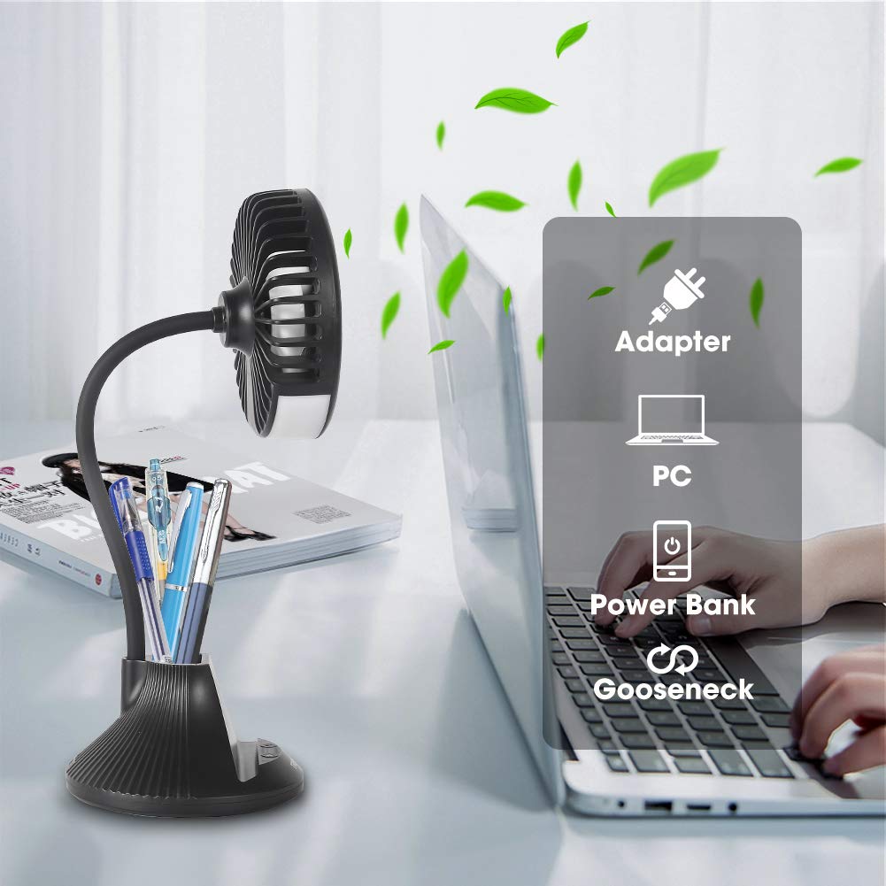 TREKOO Desk Fan Lamp Combo Rechargeable Battery Powered USB Personal Fan 3 Speeds 3 Light Brightness Flexible Gooseneck Small LED Lamp Table Fan Compatible with Adapter/PC/Power Bank