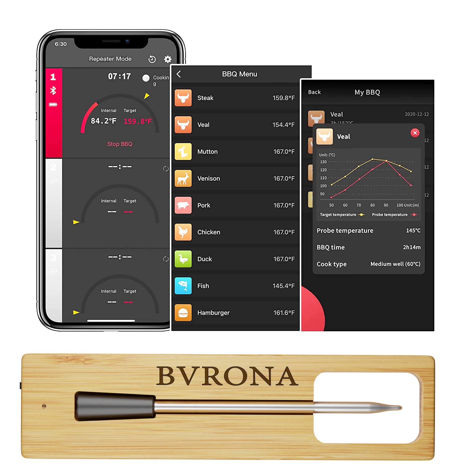Wireless Meat Thermometer Digital 330FT Range, BVRONA Bluetooth Meat Thermometer for Grill, IP67 Waterproof, Smart Food Thermometer for Smoker, BBQ, Oven,Air Fryer, App Compatible