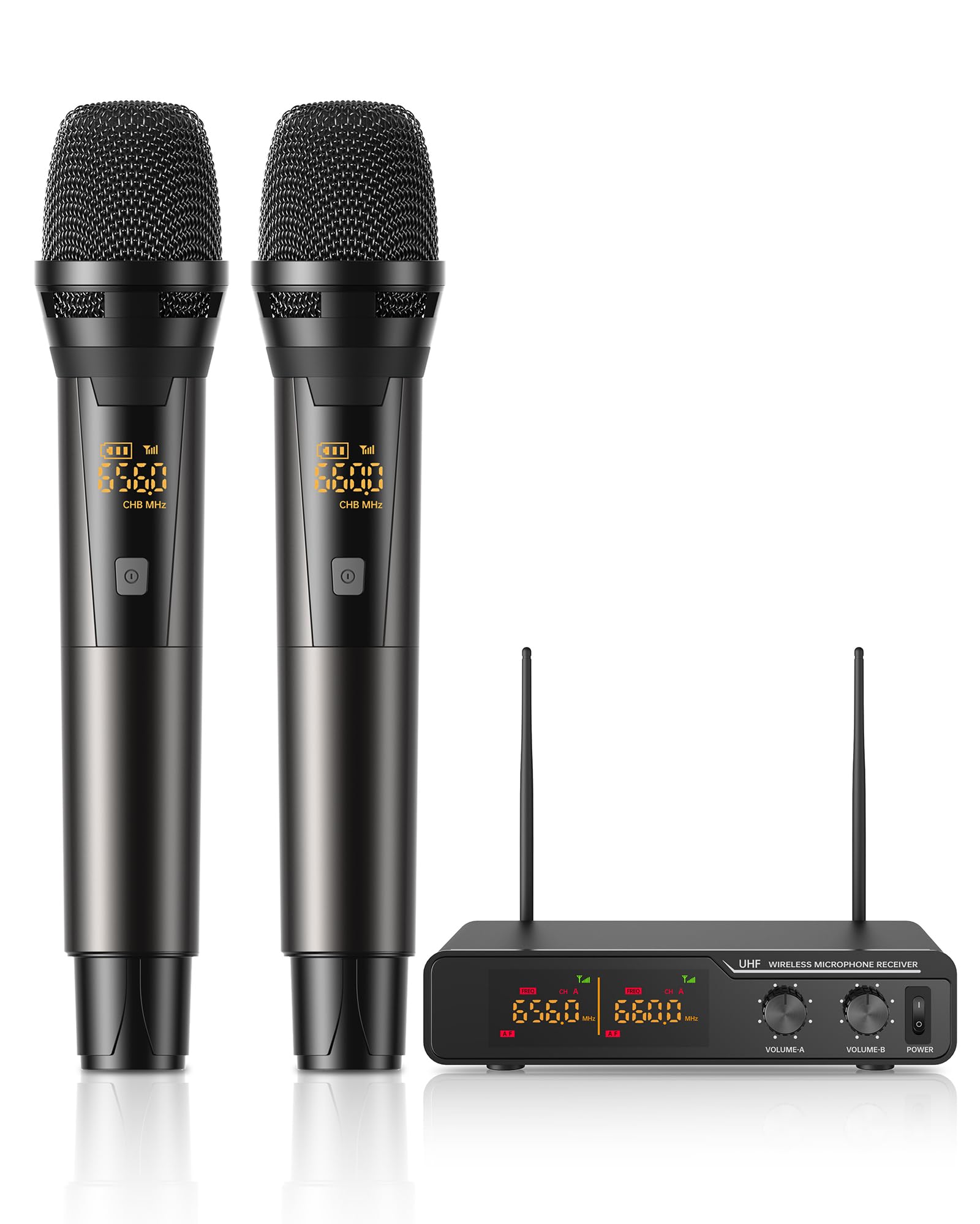 Wireless Microphone system ,UHF All-Metal Dynamic Dual Handed Wireless Microphone Rechargeable,PA System,Stable Signal Transmission 200FT, Independent Volume Control, For Speech, Singing, Church etc