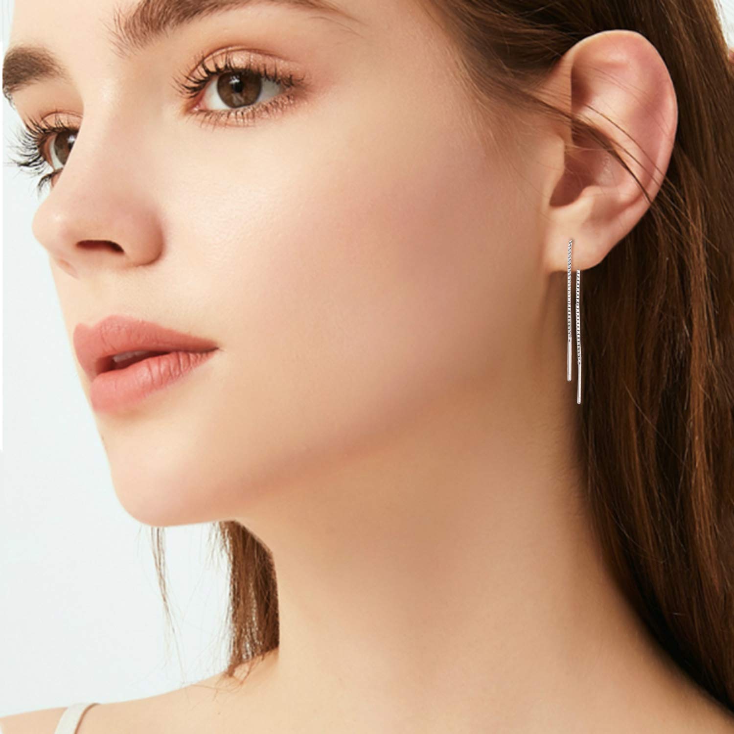 YFN Threader Earrings Sterling Silver 2 Inch Chain -Earrings for Women Dangle Earrings Thread Dangling Threaded Long Chain Earring Nickel Free Hypoallergenic Ear for Women
