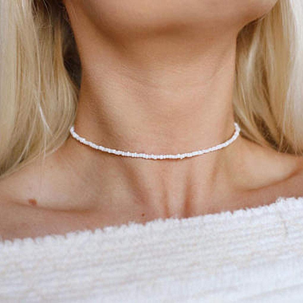 Yalice Boho Choker Necklace Chain Rice Beaded Necklaces Summer Surfer Costume Neck Accessories for Women (White)