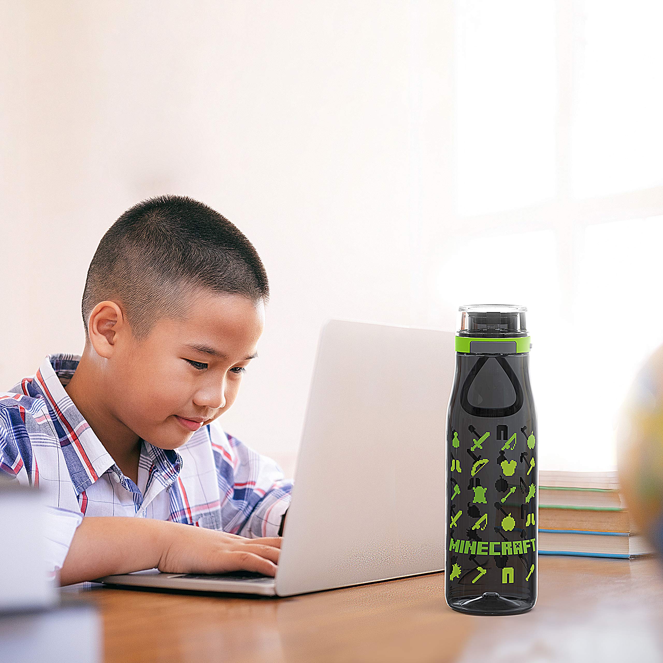 Zak Designs Minecraft Plastic Water Bottle with Push Button Action, Locking Lid, and Portable Carry Loop, Includes 2 Reusable Straws (25oz, BPA-Free)