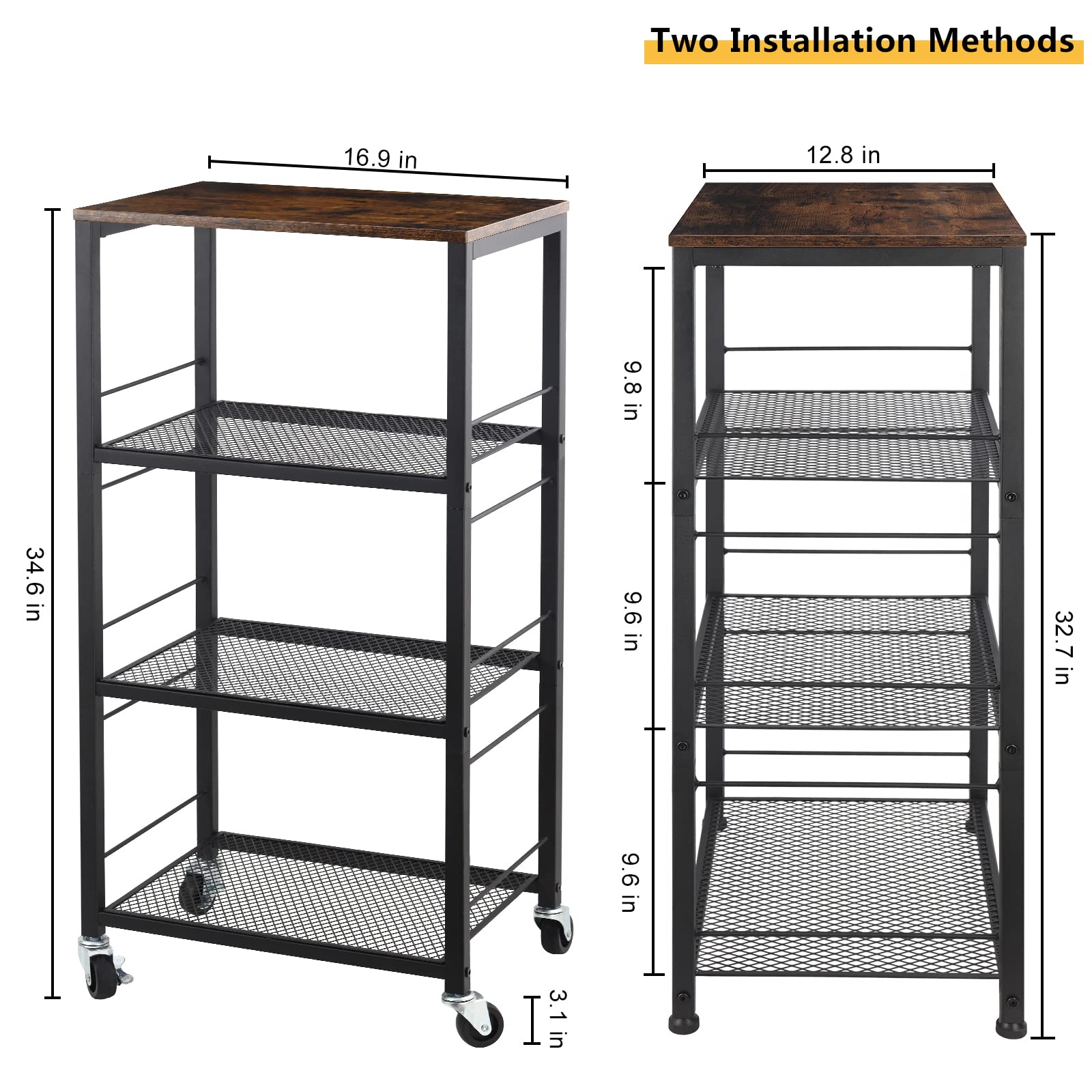 Vrisa Rolling Cart Kitchen Cart on Wheels 4 Tier Utility Microwave Oven Stand Mesh Metal Rolling Storage Cart Coffee Bar for Kitchen Bathroom Living Room Rustic