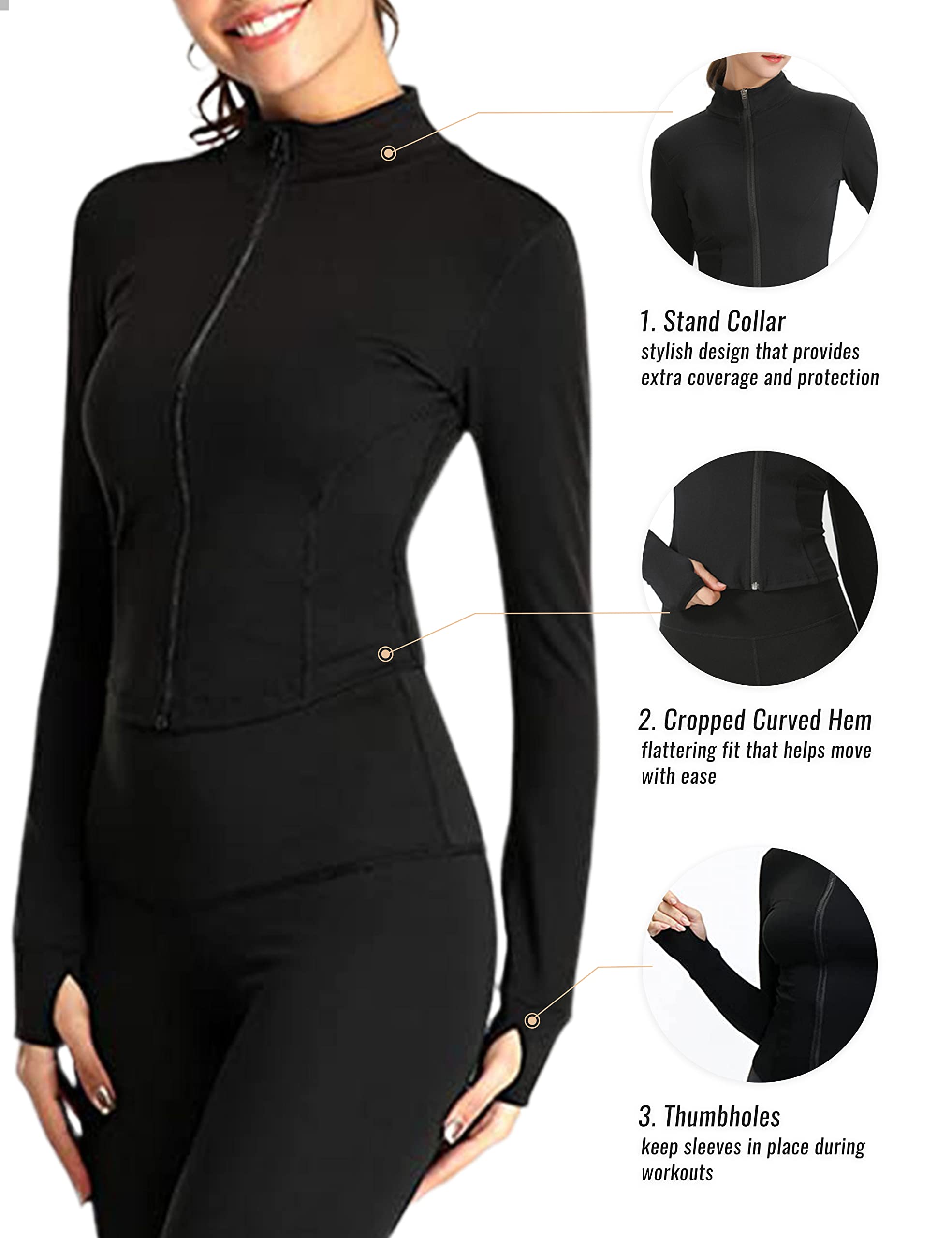 Yeokou Womens Active Zip Up Seamless Sports Running Track Jacket Tops with Thumbhole（Black-M）