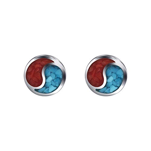 Yin-Yang Design Turquoise and Coral Gemstone 925 Sterling Silver Stud Earrings for Women