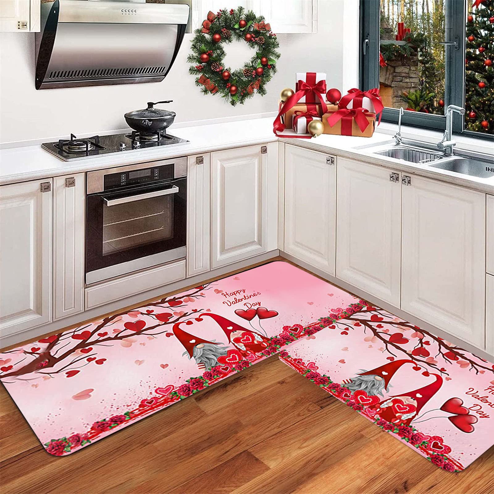 Wtosuhe Valentines Day Decorative Kitchen Mats Set of 2, Pink Love Heart Doormat Gnome Yard Kitchen Rug with Non-Slip Rubber, Spring Seasonal Decorative Floor Mat Doormat (Sweet-03)