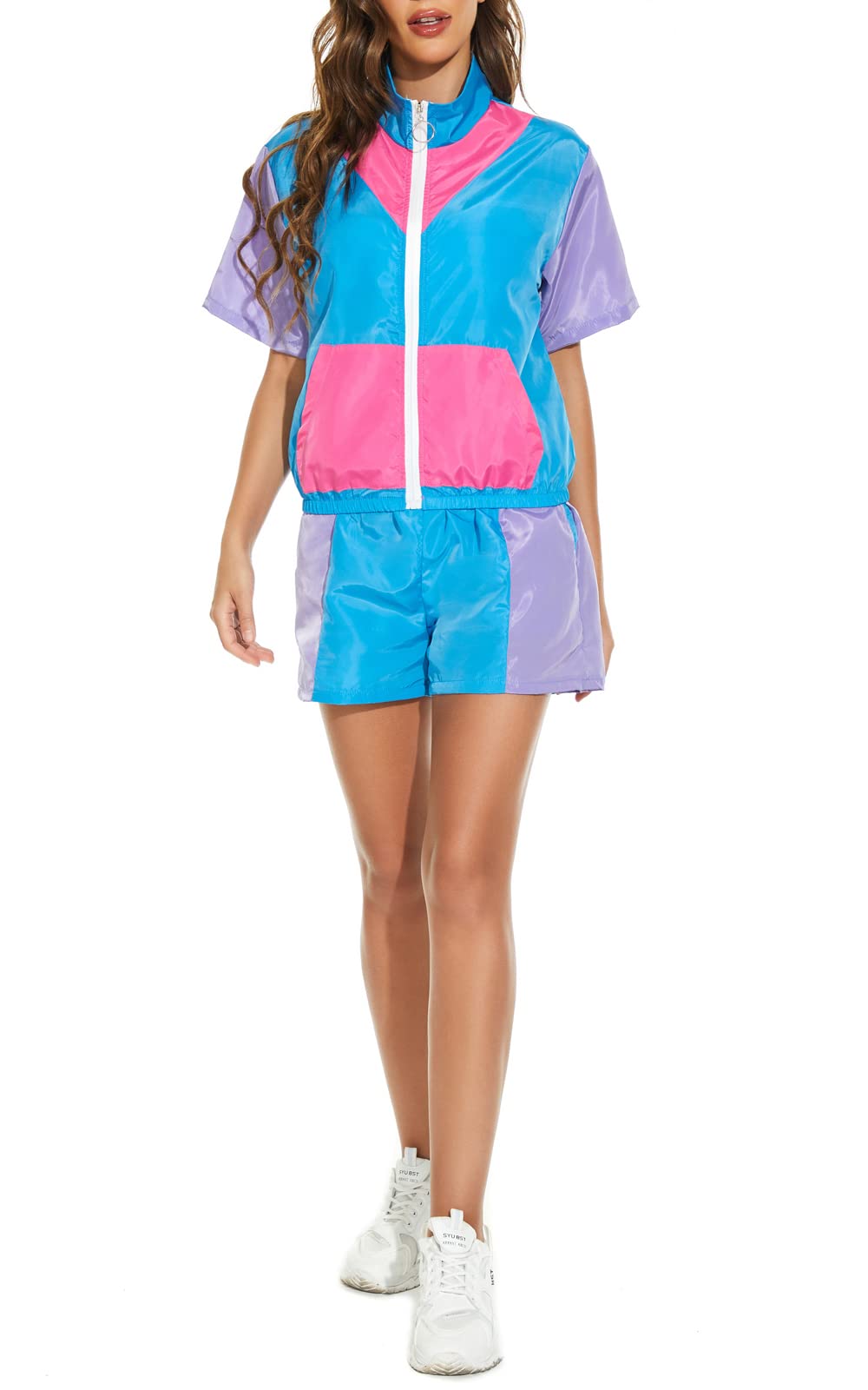 Yisfri Women's Vintage 80s 90s Style 2 Piece Outfit Short Sleeve Zip Front Windbreaker Tracksuit Themed Party Workout Set (Blue, XL)