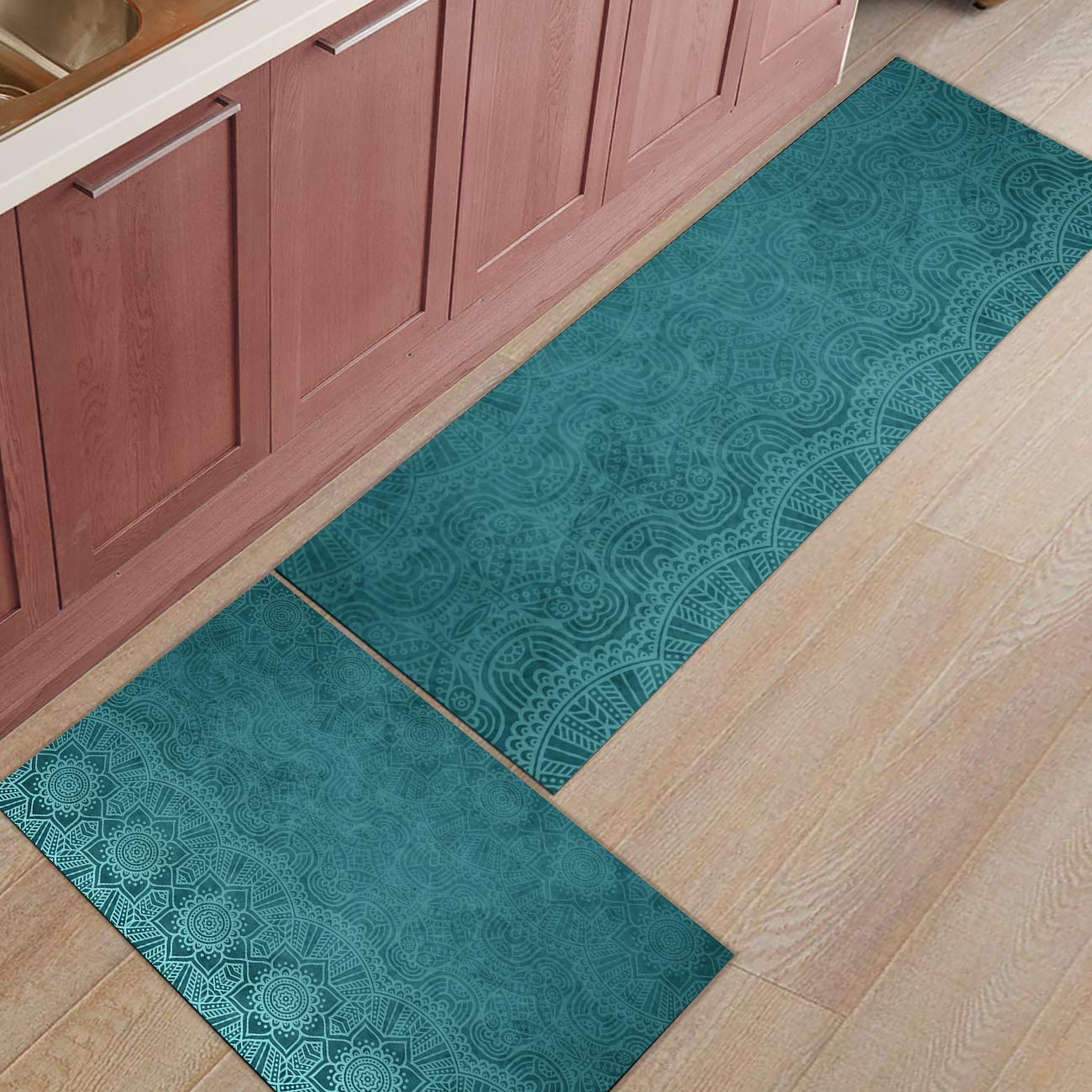 Z&L Home Kitchen Rugs and Mats Non Skid Set of 2 Piece Rubber Backing Floor Carpet Accent Area Runner Thin Low Pile Indoor Doormat Aqua Teal Indian Mandala Ethnic Floral Turquoise