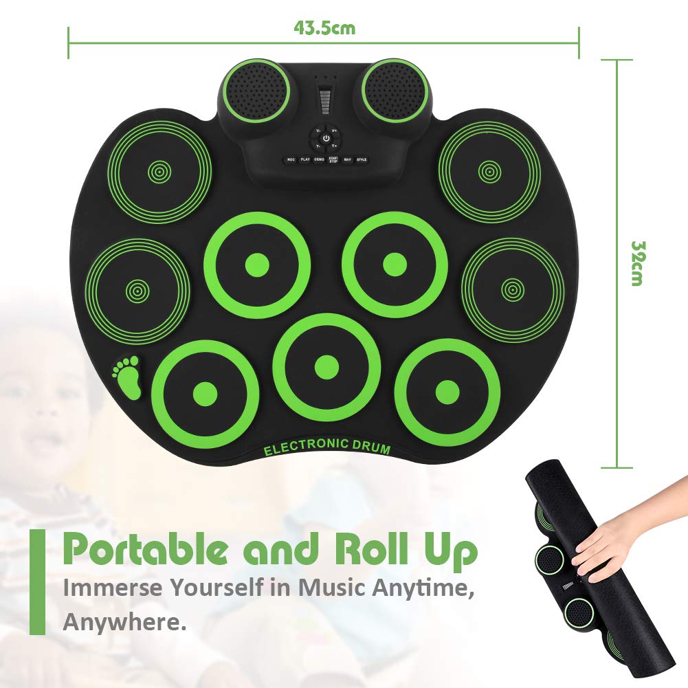 YISSVIC Electronic Drum Set Electric Drum Set 9 Drum Pads Rechargeable Battery Roll Up Drum Portable with Headphone Jack Built-in Speaker Green