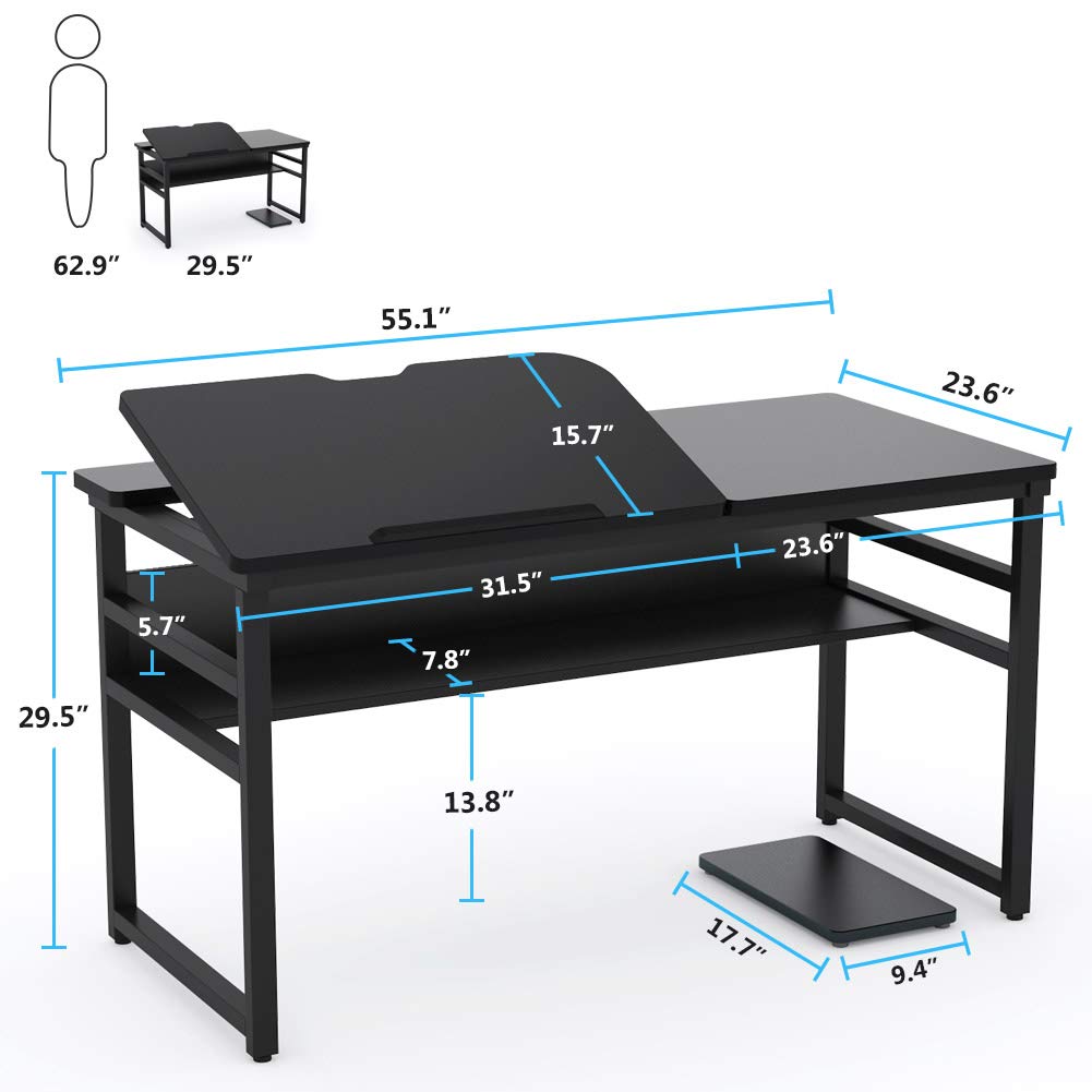 Tribesigns Modern Drafting Desk Drawing Table with Storage Shelf, 55 inch Large Computer Desk Writing Desk Craft Workstation with Tiltable Tabletop for Artist, Home Office (Black)