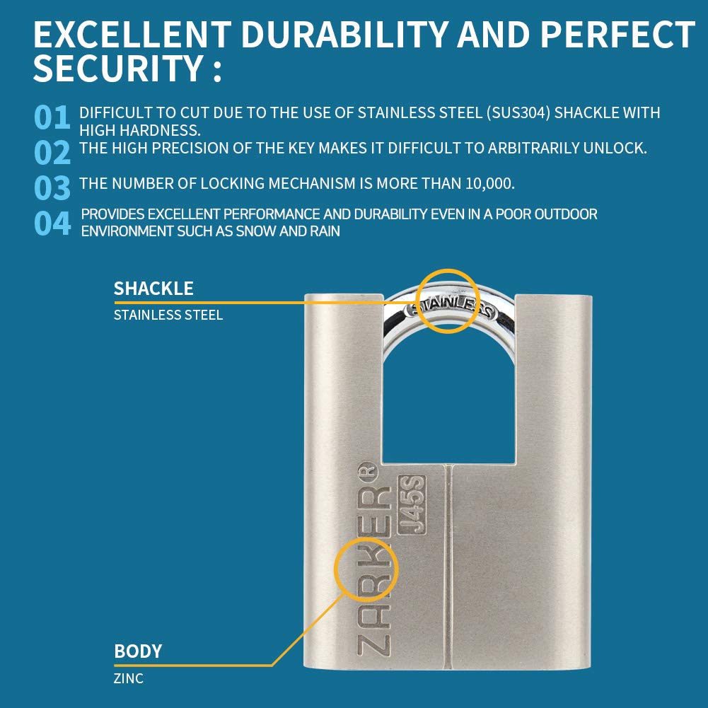 Zarker keyed Alike Padlocks, Heavy Duty Stainless Steel Shackle Lock, Waterproof and Rustproof Storage, Warehouses, Garage, Outdoors, J45S, 4-Pack