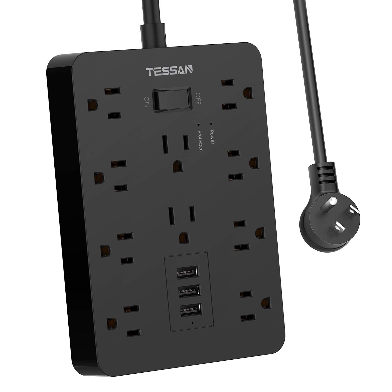 TESSAN Mountable Power Strip Extension Cord with Surge Protector, 10 AC Outlets, and 3 USB Charging Ports for Home and Offices, Black