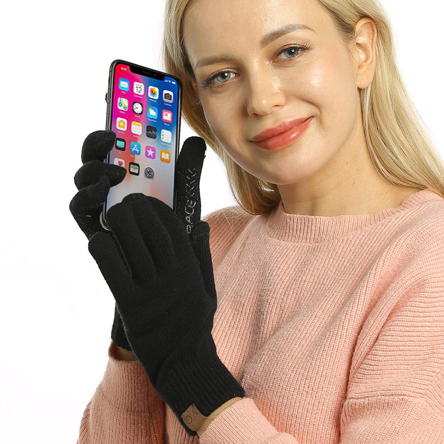 ViGrace Winter Touchscreen Gloves for Men & Women with 3 Fingers Dual-layer Touch Screen Warm Lined Anti-Slip Thermal Knit Driving Texting Glove(Black, Large)