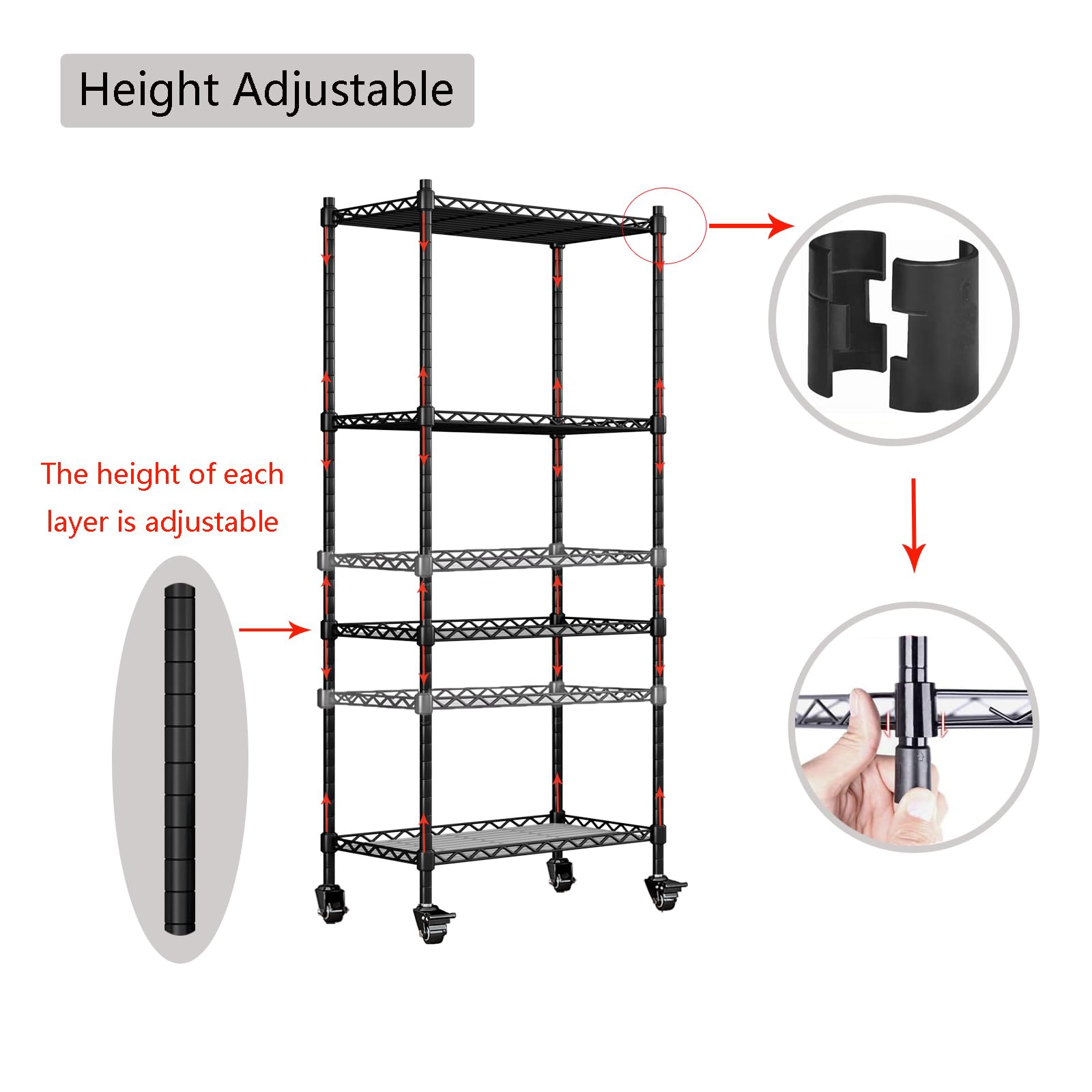 SORCEDAS Shelves 4 Tier Adjustable Utility Metal Storage Wire Rack Unit for Home Kitchen Garage Bathroom Office Indoor Black (Black, 4 Tier-with Wheel)