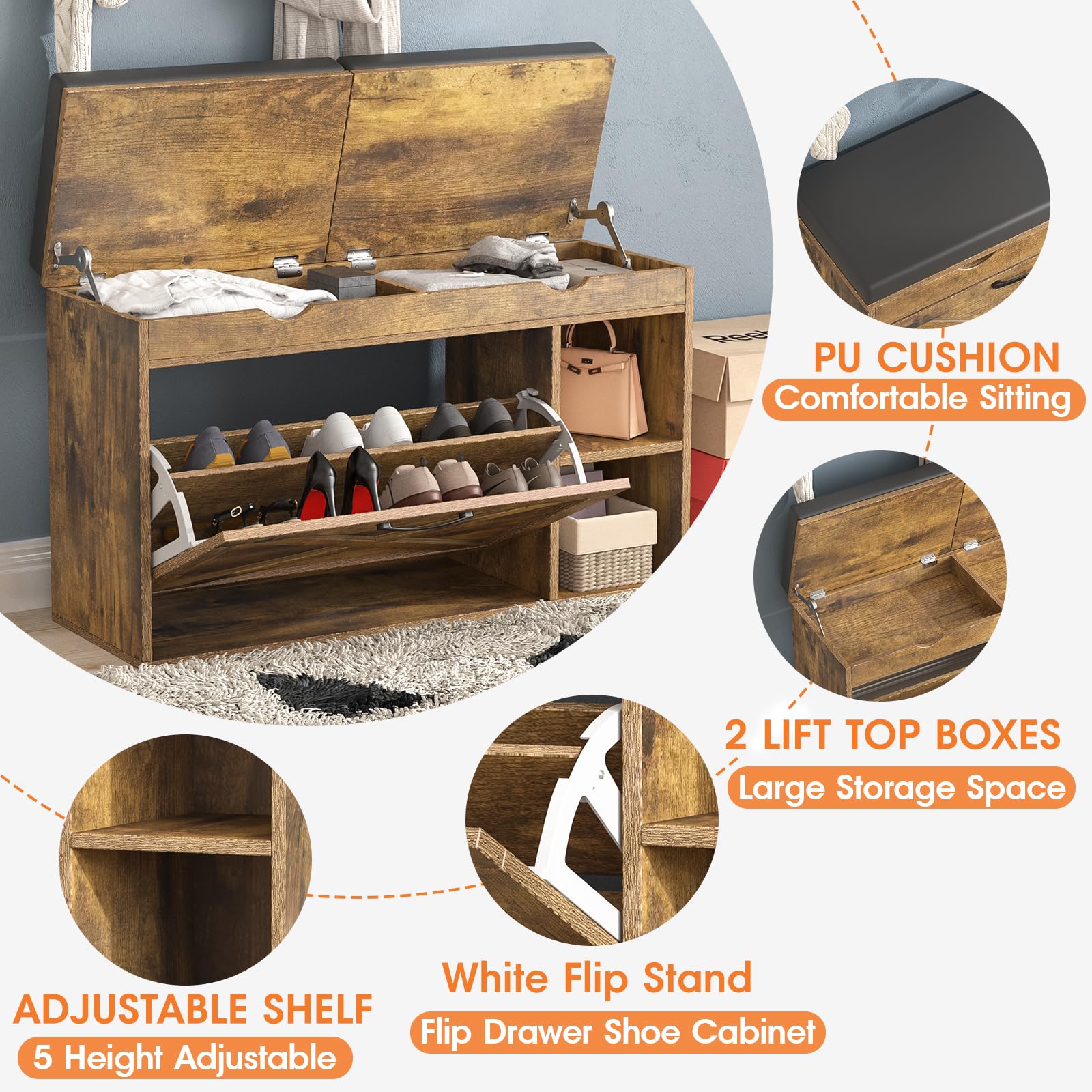 Vabches Shoe Storage Bench with Flip Drawer, Entryway Bench with 2 Lift Top Storage Boxes, Adjustable Shelf, Narrow Shoe Rack Shoe Cabinet for Entryway Slim, Living Room, Bedroom, Mudroom,Rustic Brown