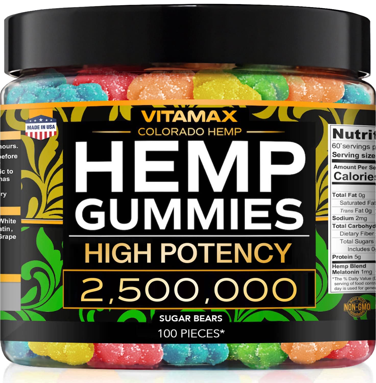 Vitamax Natural Hemp Gummies - Sugar Bears - Helps Support Rest & Relaxation - Assorted Natural Sweet Fruit Flavors - Made in USA - Calming Gummies - 100ct