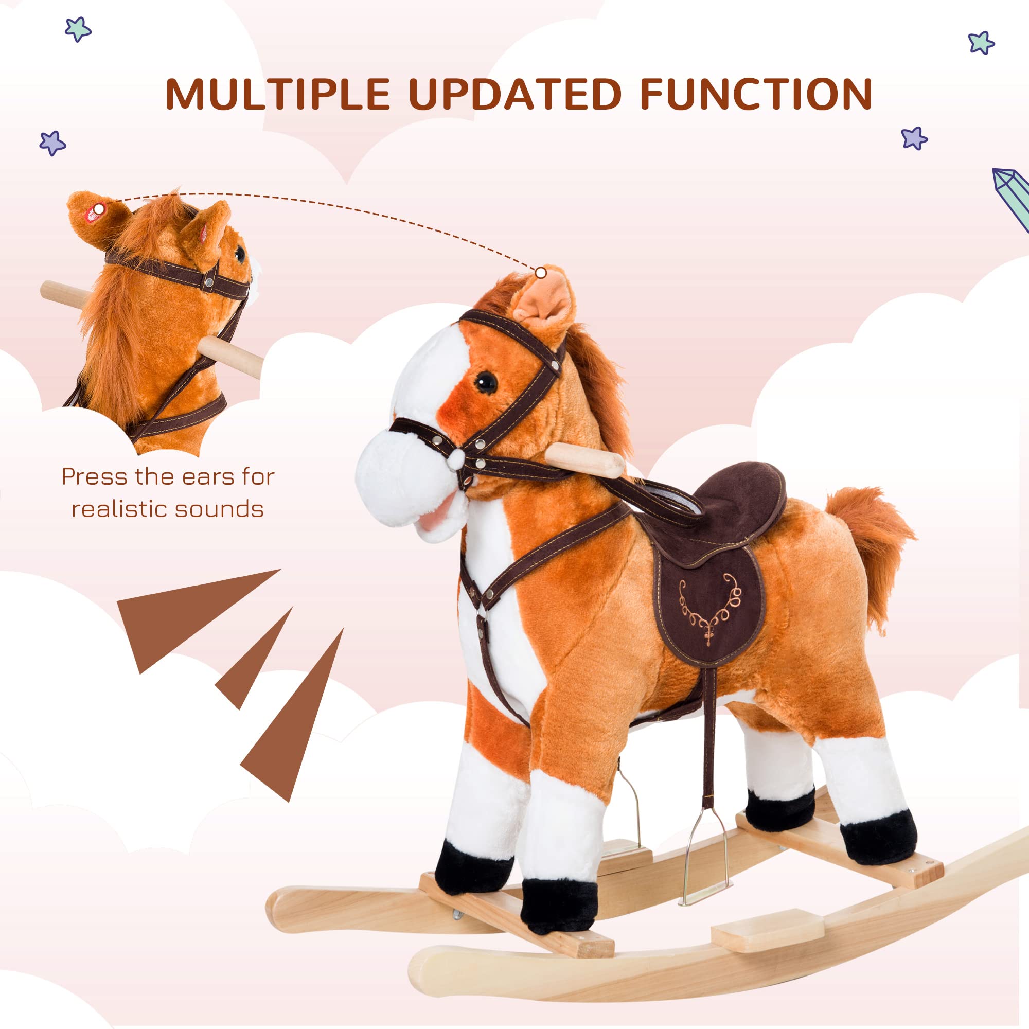Qaba Kids Plush Toy Rocking Horse Ride on with Realistic Sounds - Brown