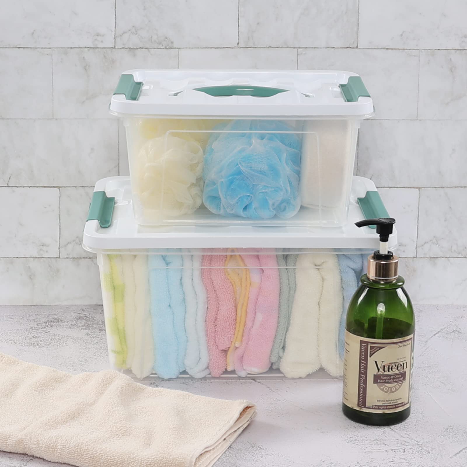 Wekioger Plastic Storage Bins with Handles, 2 Packs 14 Quart & 6 Quart Clear Lidded Storage Boxes, F
