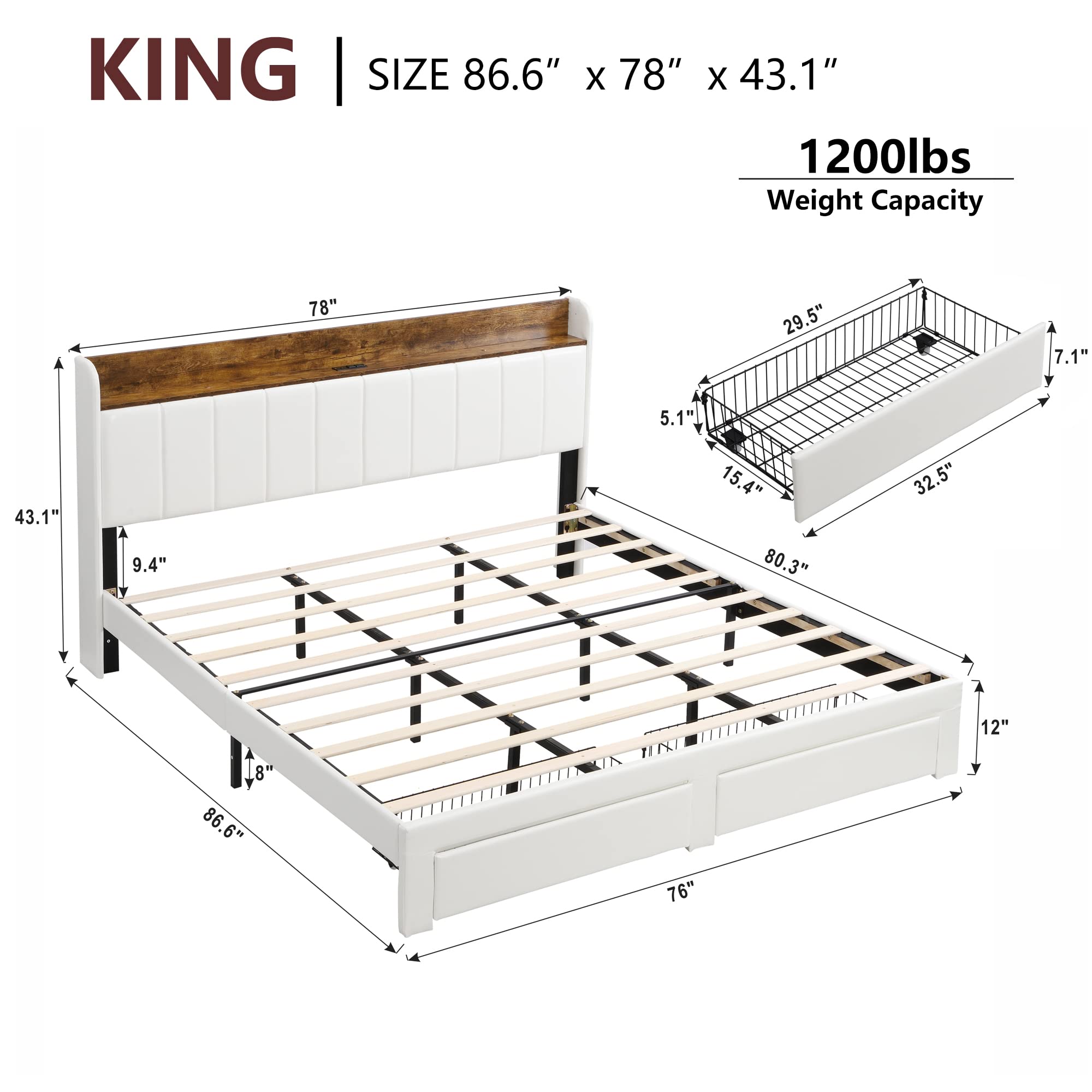 XKLOGER Upholstered Bed Frame King Size with Headboard, Platform King Bed Frame with Storage Drawers & Charging Station, No Box Spring Needed/Noise Free/Heavy Duty/White