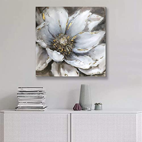 Wallpaint - Black and White Flower Wall Art with Texture and Gold Foil, Elegant Blooming Floral Picture Canvas Wall Decor for Living Room Bedroom - 30"x30"