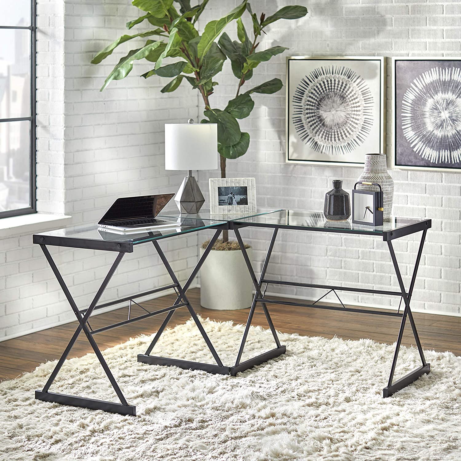 Target Marketing Systems Atrium Modern L-Shaped Computer Desk, Home Office Working and Gaming Table with Tempered Glass Desktop and Metal Frame, 51" W, Clear