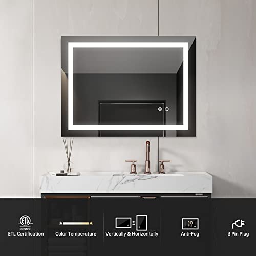 WiCCI 32x24” LED Lighted Bathroom Wall Mounted Mirror with High Lumen Anti-Fog Separately Control Dimmer Function