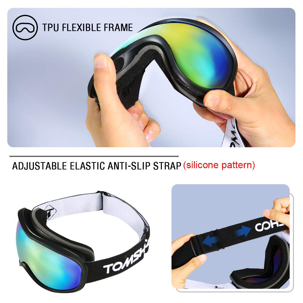 TOMSHOO Ski Goggles Windproof Snow Goggles Fit Over Glasses, Anti-Fog UV Protection Non-Slip Strap Ski Snowboard Goggles