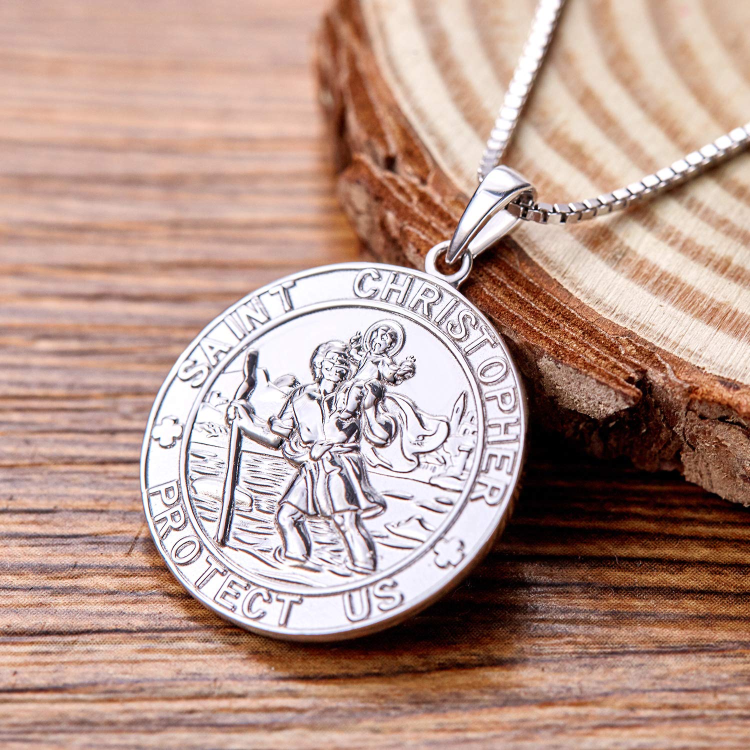 YL St Christopher Pendant Saint Medal Necklace 925 Sterling Silver Religious Engraved Medallion, 18"