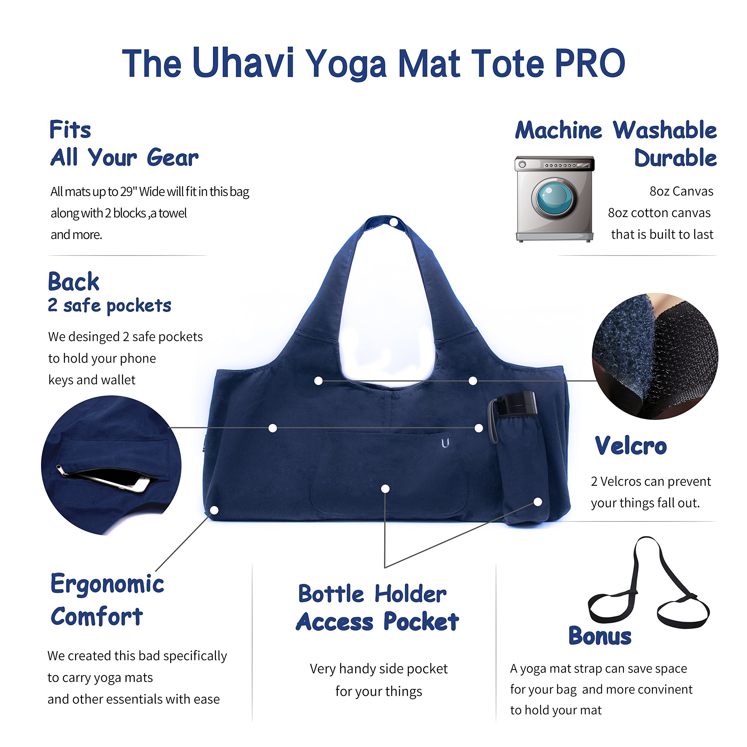 Uhawi Yoga Mat Bag Large Yoga Mat Tote Sling Carrier with 4 PocketsFits All Size Mats With Multi-Functional Storage Pockets Light And Durable(With Yoga Mat Carrying Strap) (Dark blue)