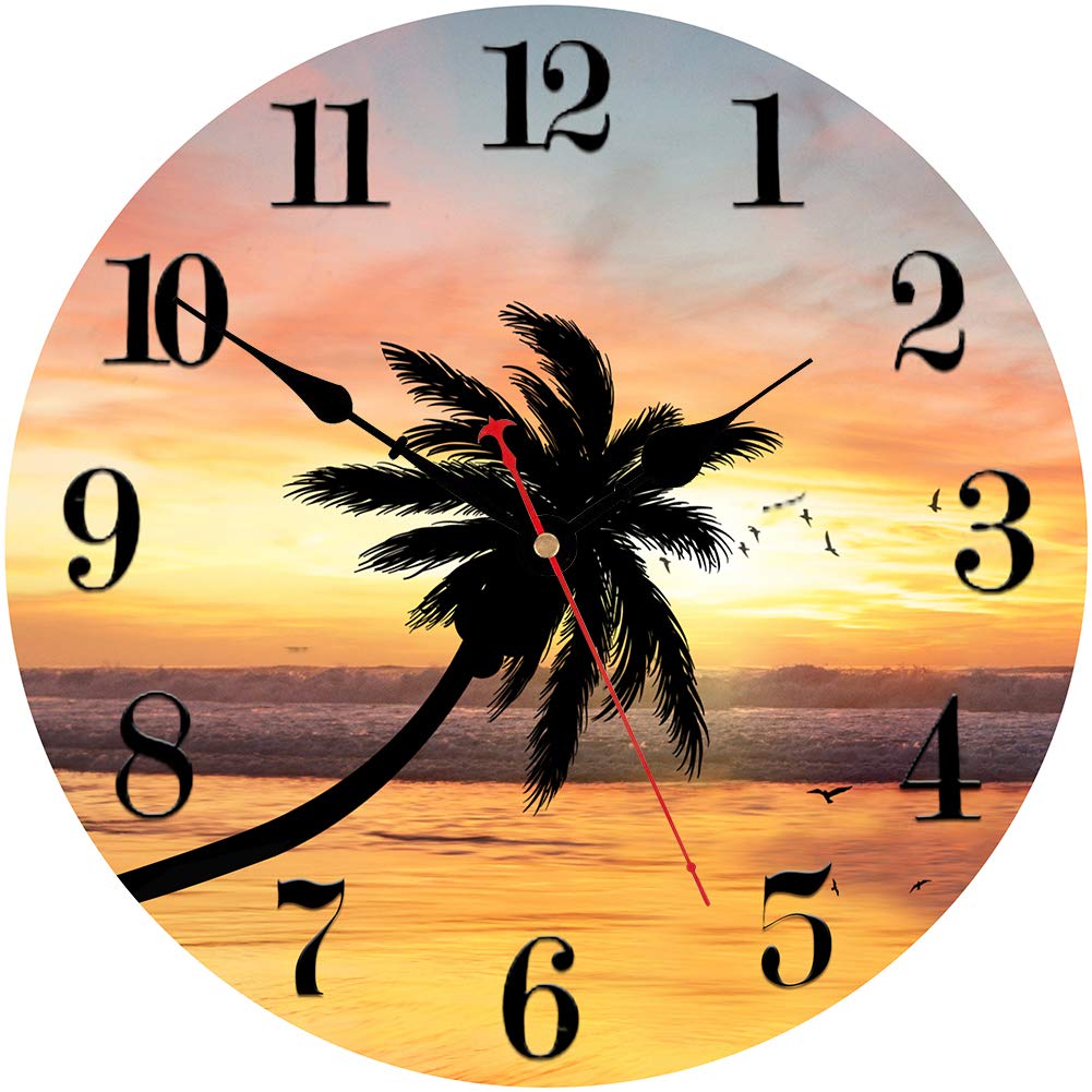 VIKMARI Silent Wall Clock Non Ticking, 8 inch Quartz Excellent Accurate Sweep Movement Wood Wall Clock, Modern Decorative for Kitchen, Living Room,Dining Room,Bedroom,Office (Beach Sunset Style)