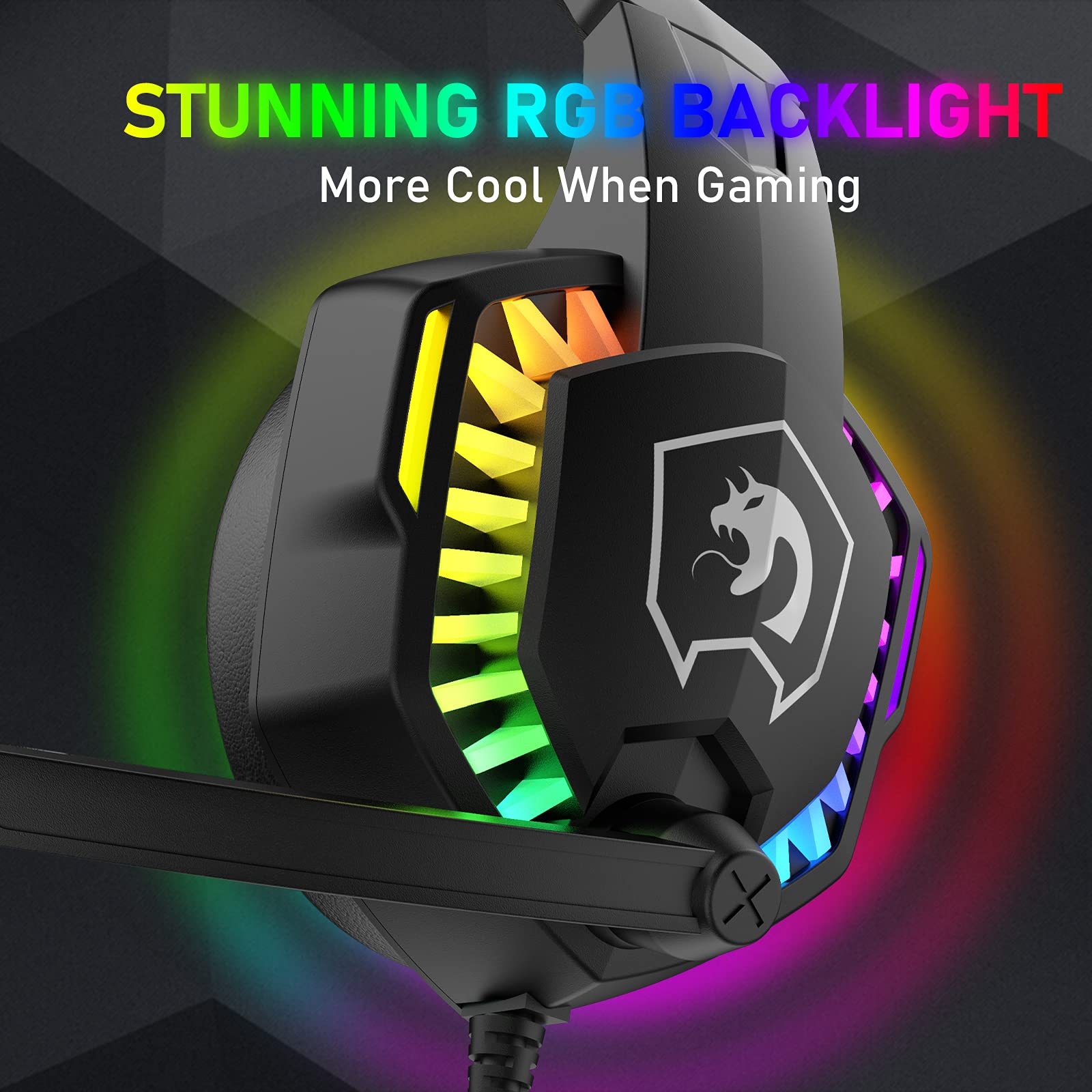 Wired Gaming Headset with Rainbow RGB Backlight Retractable Noise Isolating Microphone Stereo Sound Deep Bass Memory Foam Earmuff Over Ear Headphone for PS4 Xbox One Switch PC Mac Gamer Music (Black)