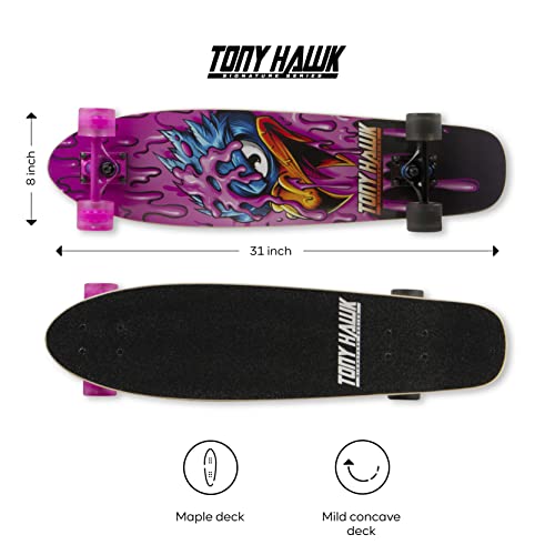 Tony Hawk 31" Complete Cruiser Skateboard, 9-ply Maple Deck Skateboard for Cruising, Carving, Tricks and Downhill, Pink Hawk