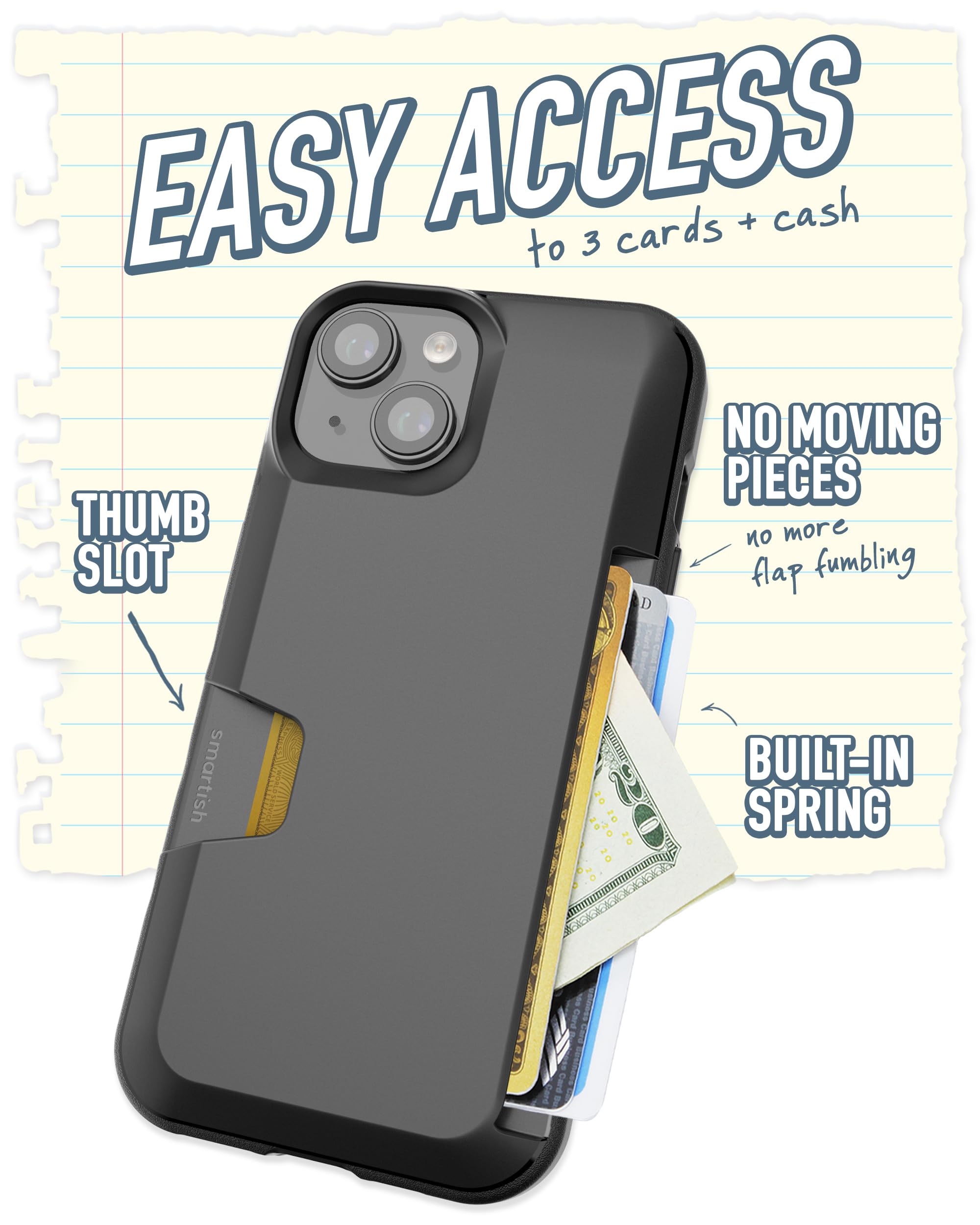 Smartish iPhone 15 Wallet Case - Wallet Slayer Vol. 1 [Slim + Protective] Credit Card Holder - Drop Tested Hidden Card Slot Cover Compatible with Apple iPhone 15 - Black Tie Affair