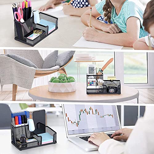 VIUJUH Desk Pencil Holders Desk Organizer Office Supplies Caddy with Sticky Notes Holder for Office School Home 3 Compartments Black
