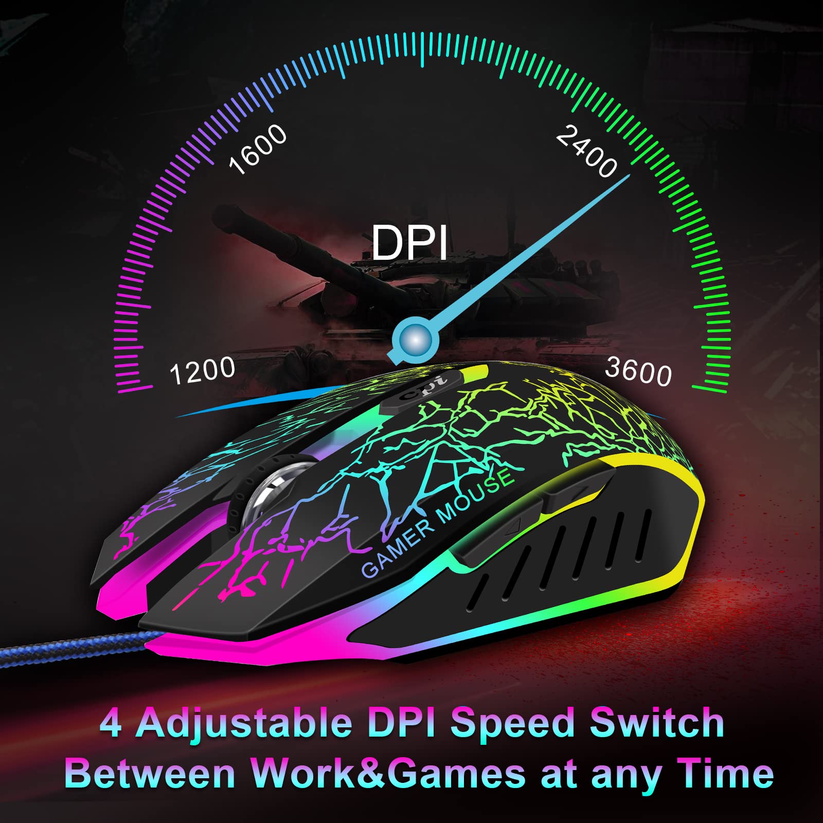 Wired Gaming Mouse , Optical USB Mice for Laptop/desktop, 1200 to 3600 4 Adjustable DPI and RGB light, Ergonomic with 6 Programmable Buttons for Computer Windows 7/8/10/XP Vista Linux Chromebook PC
