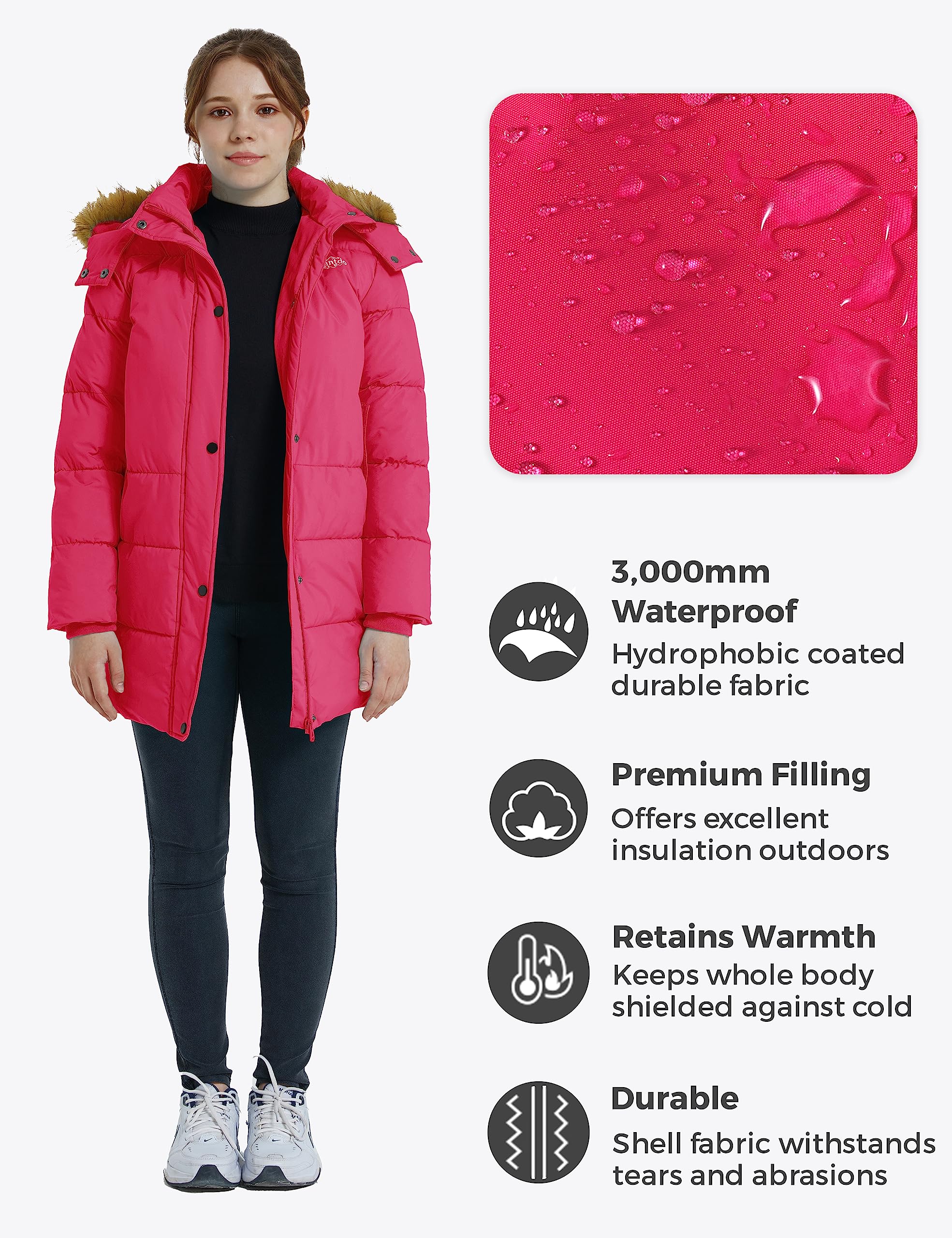 wantdo Girl's Winter Coats Long Puffer Coats Warm Fleece Jacket With Hood Rose Red 10-12