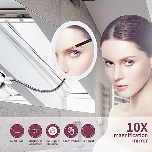 XINBAOHONG LED Lighted Makeup Mirror 10X Magnifying Vanity Mirror with 360 Degree Swivel Rotation Flexible Gooseneck and Locking Suction Cup