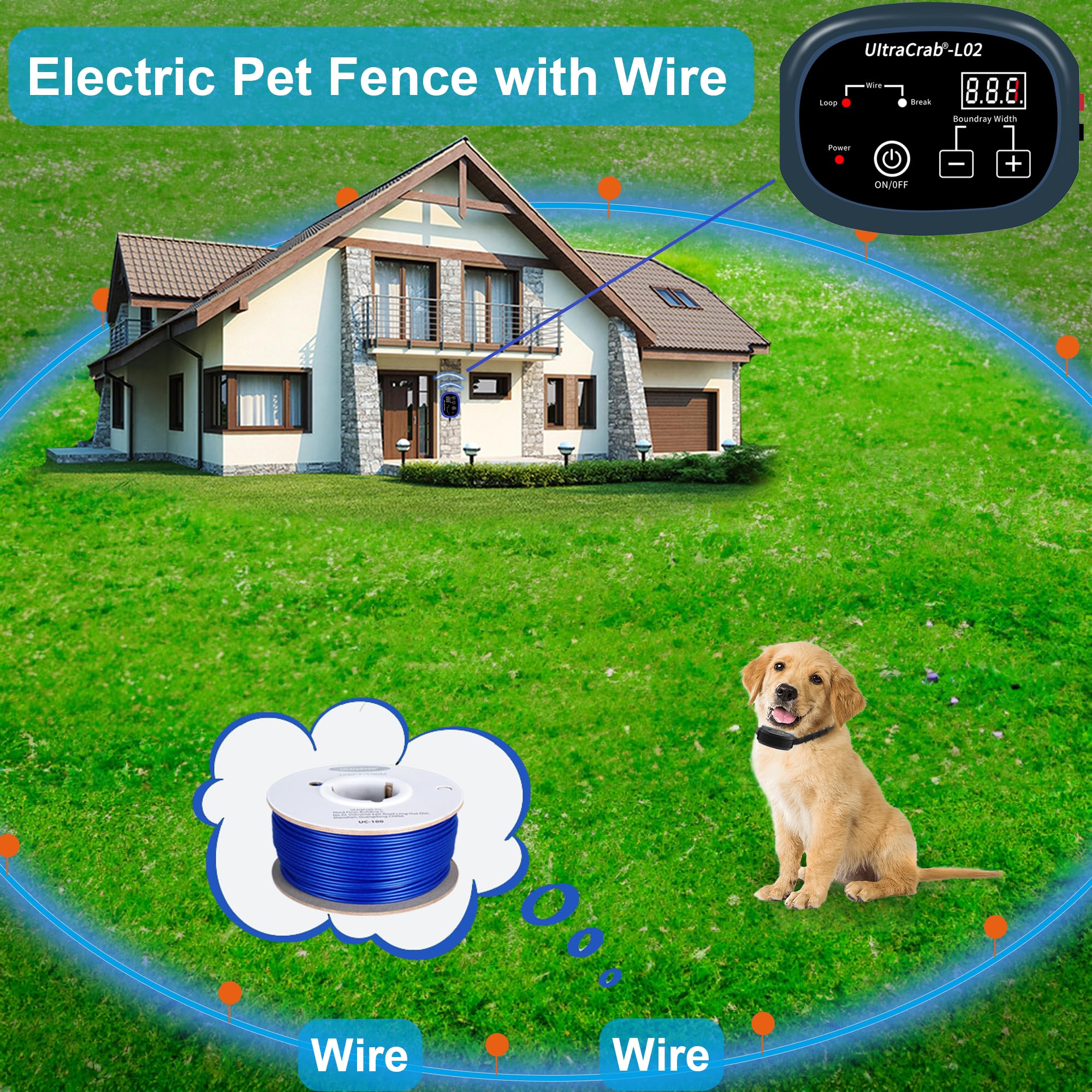 UltraCrab 2 Collars Basic In-Ground Pet Fence - Two Dog System - Underground Electric Pet Fence System with 2 Waterproof and Rechargeable Training Collars - Wireless Electric Fence for Dogs