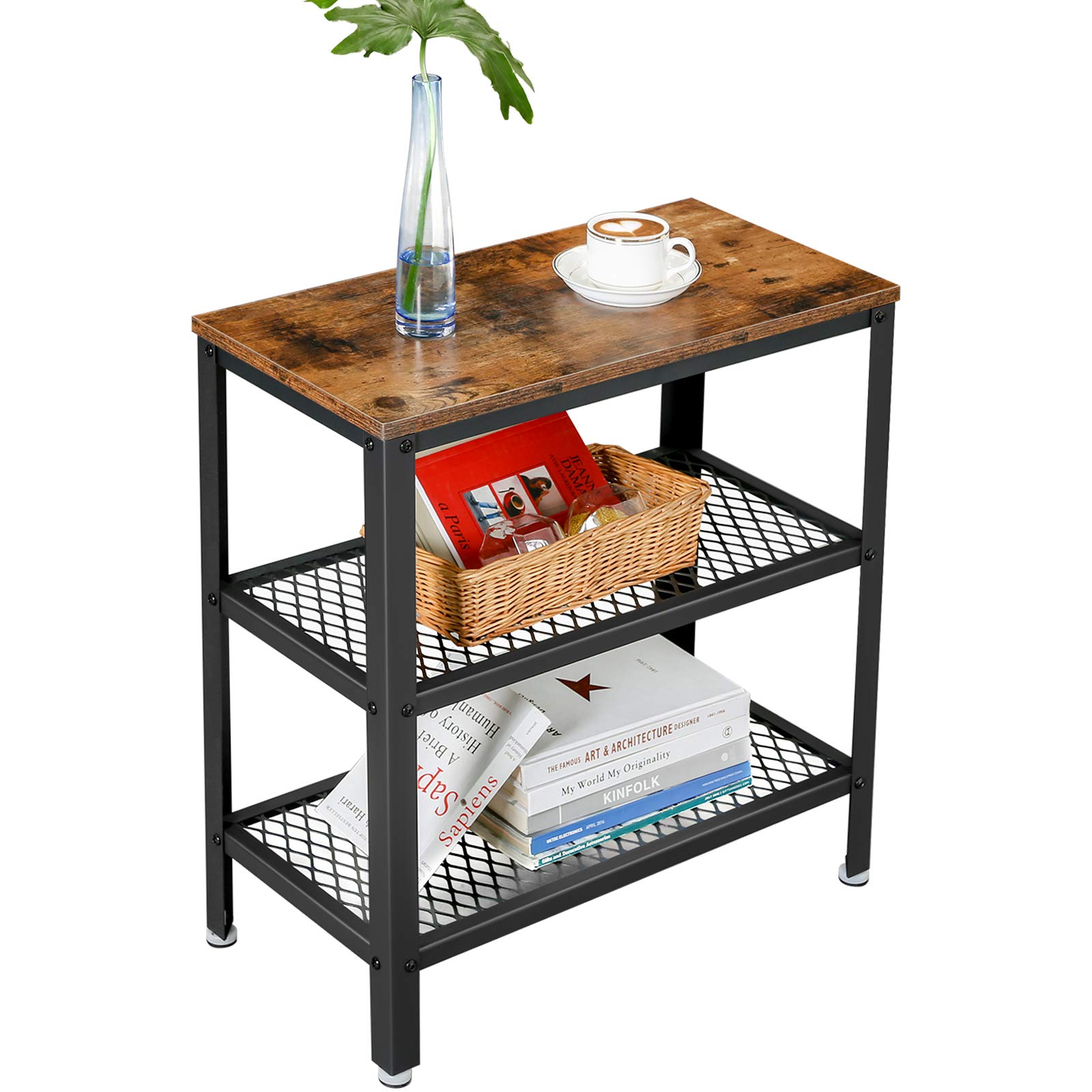 VASAGLE Bryce Side Table, End Table, Decorative Table with 2 Mesh Shelves, Hallway, Living Room, Bedroom, Office, Narrow, Stable, Space Saving, Easy Assembly, Industrial Design, Rustic Brown ULET33BX