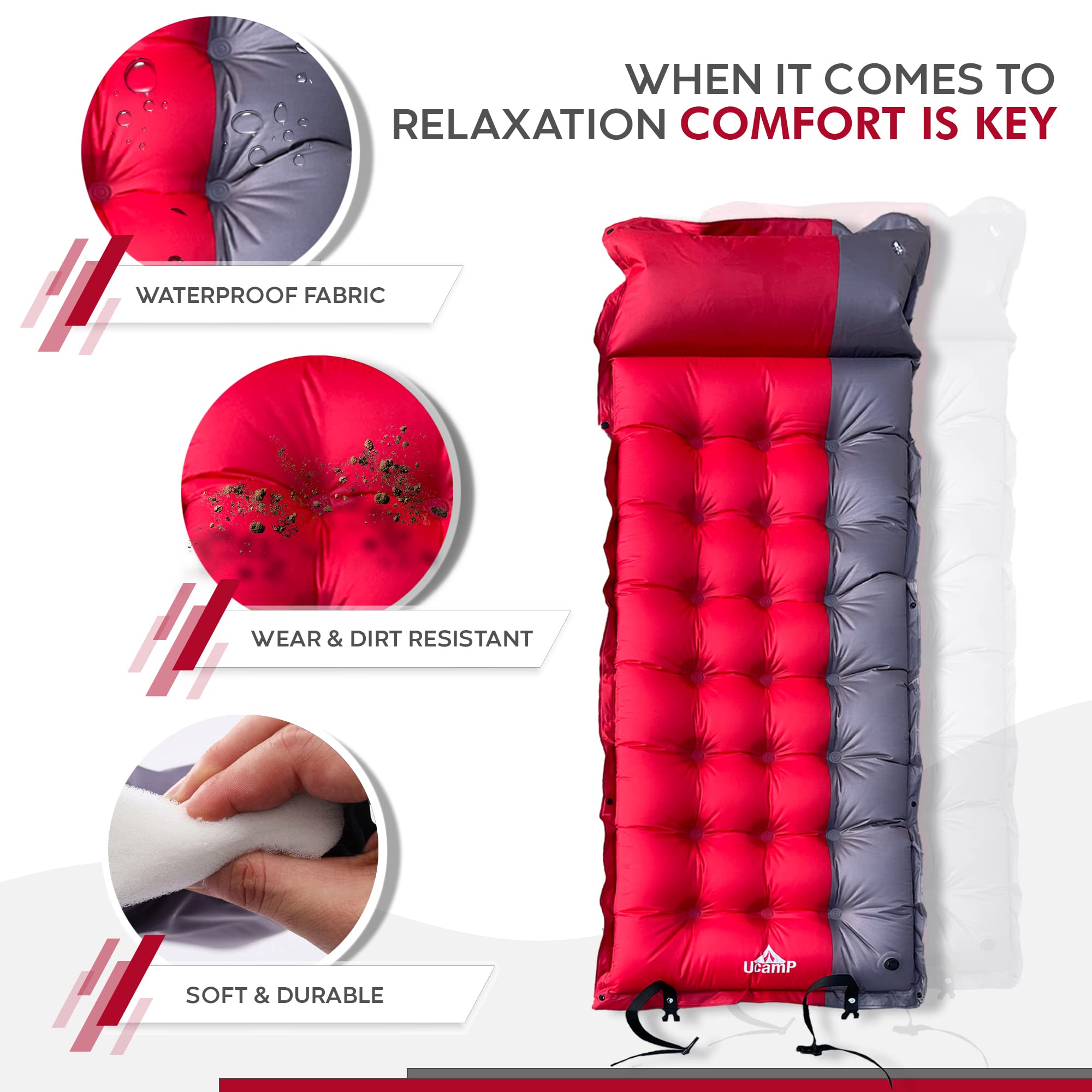 UCAMP Self Inflating Sleeping Pad β 74 x 26-inch Inflatable Camping Pad with Cushion β Lightweight Portable Camping Sleeping Pad β Waterproof Air Mattress for Hiking, Backpacking, Outdoor
