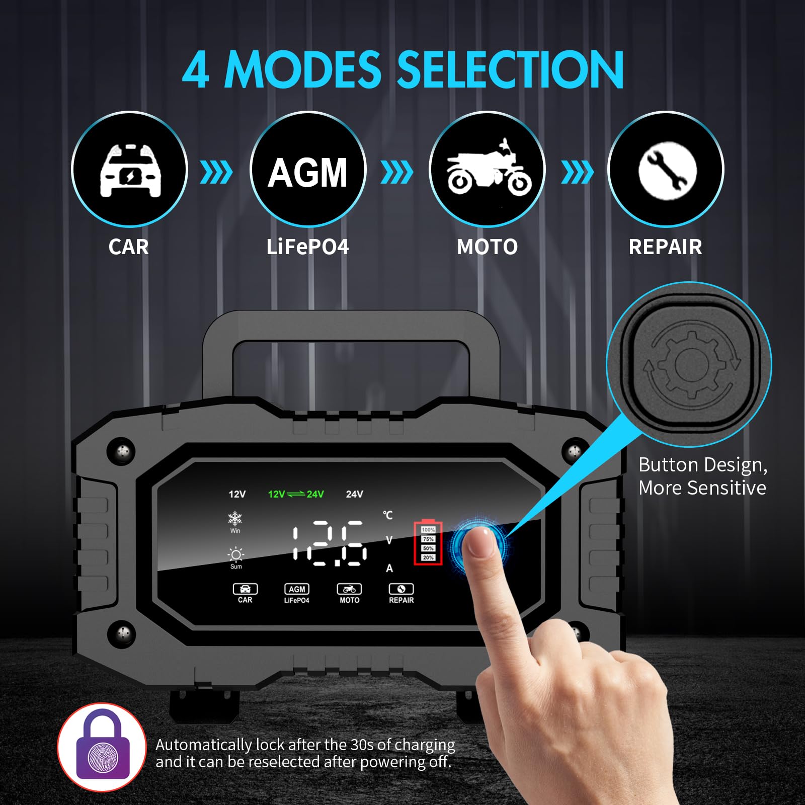 YONHAN Battery Charger 20 Amp Lifepo4 Float Fully-Automatic Smart Charger, 12V and 24V Car Battery Trickle Charger, Maintainer/Pulse Repair Charger for Car, Boat, Motorcycle, Lawn Mower