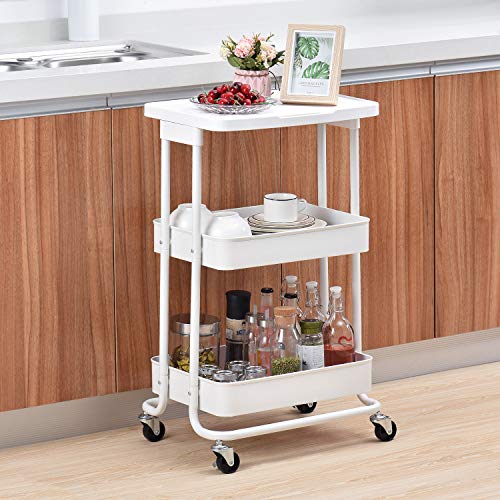 TOOLF 3-Tier Metal Rolling Storage Cart with Plastic Tabletop, 3-Tier Metal Serving Rolling Cart with Contral Handle,Trolley Organizer with Locking Wheels for Library Office Classroom Home Dedroom