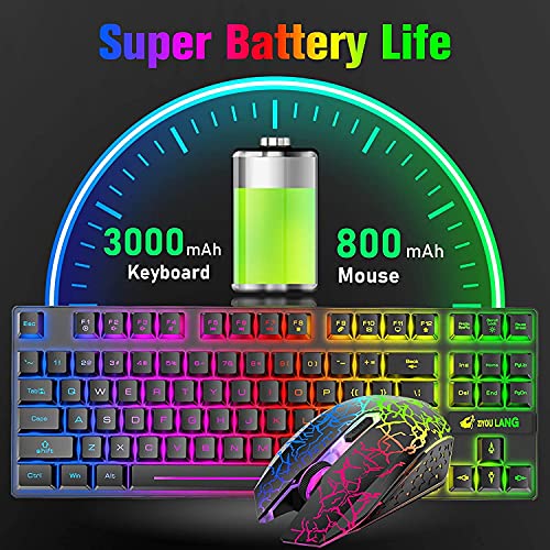 Wireless Gaming Keyboard Mouse and Wrist Rest Set with 87 Key Rainbow Backlight Rechargeable 3800mAh Battery Mechanical Feel Anti-ghosting Ergonomic Waterproof Mute Mice for PC Mac Gamer (Black Mix)