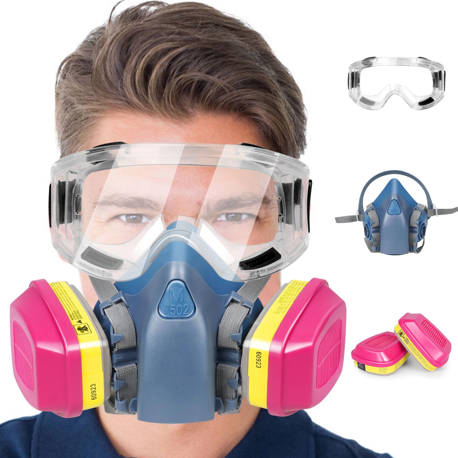 TIJITY Half Face Respirator 7502, Respirator Mask with 60923 Filters Against Gases, Vapors, Dust, Fumes Suitable for Painting Grinding Welding Sanding Chemicals Polishing Mining (With Goggle)