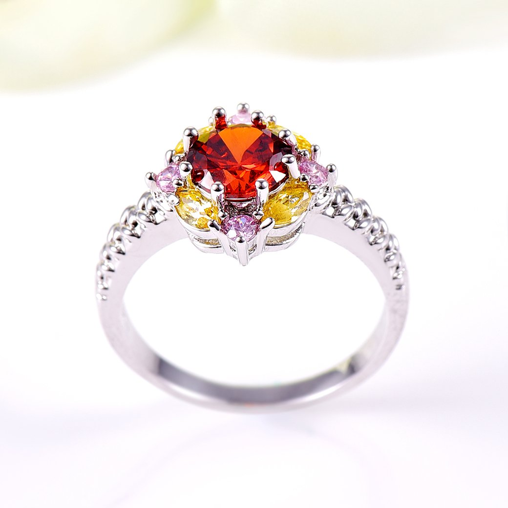 Veunora Beautiful Flower Design Silver Plated Created-Garnet Cubic Zirconia Filled Ring for Women (Z-Red & Yellow & Pink, 8)