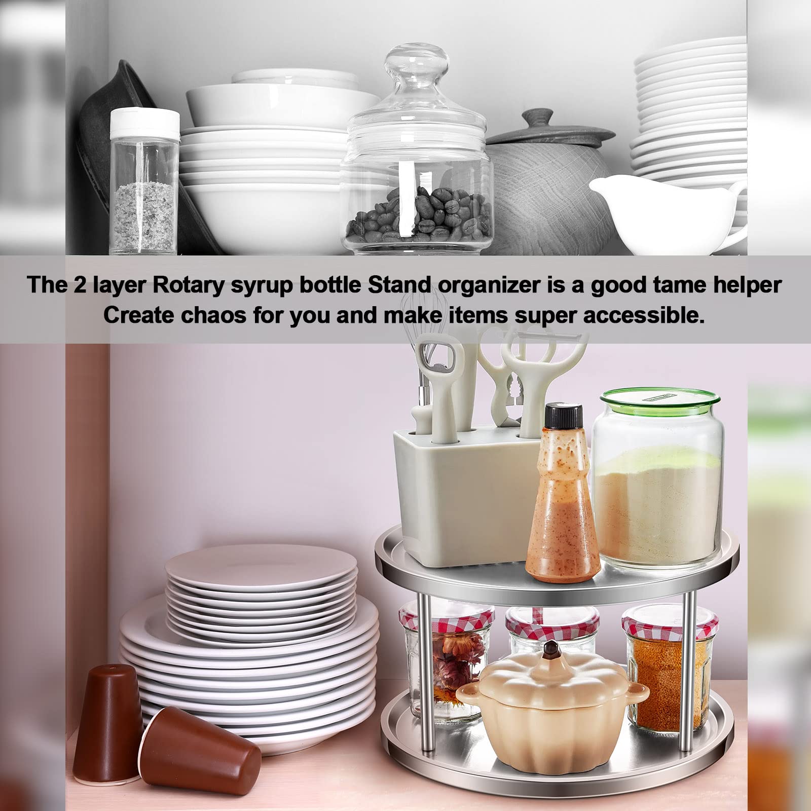 Zubebe 4 Pcs Stainless Steel Lazy Susan 2 Tier Rotating Spice Rack Lazy Susan Spice Rack Organizer for Cabinet 360 Degree Spice Rack Turntable Tray Kitchen Counter Cabinet Pantry Storage, 10.5 in