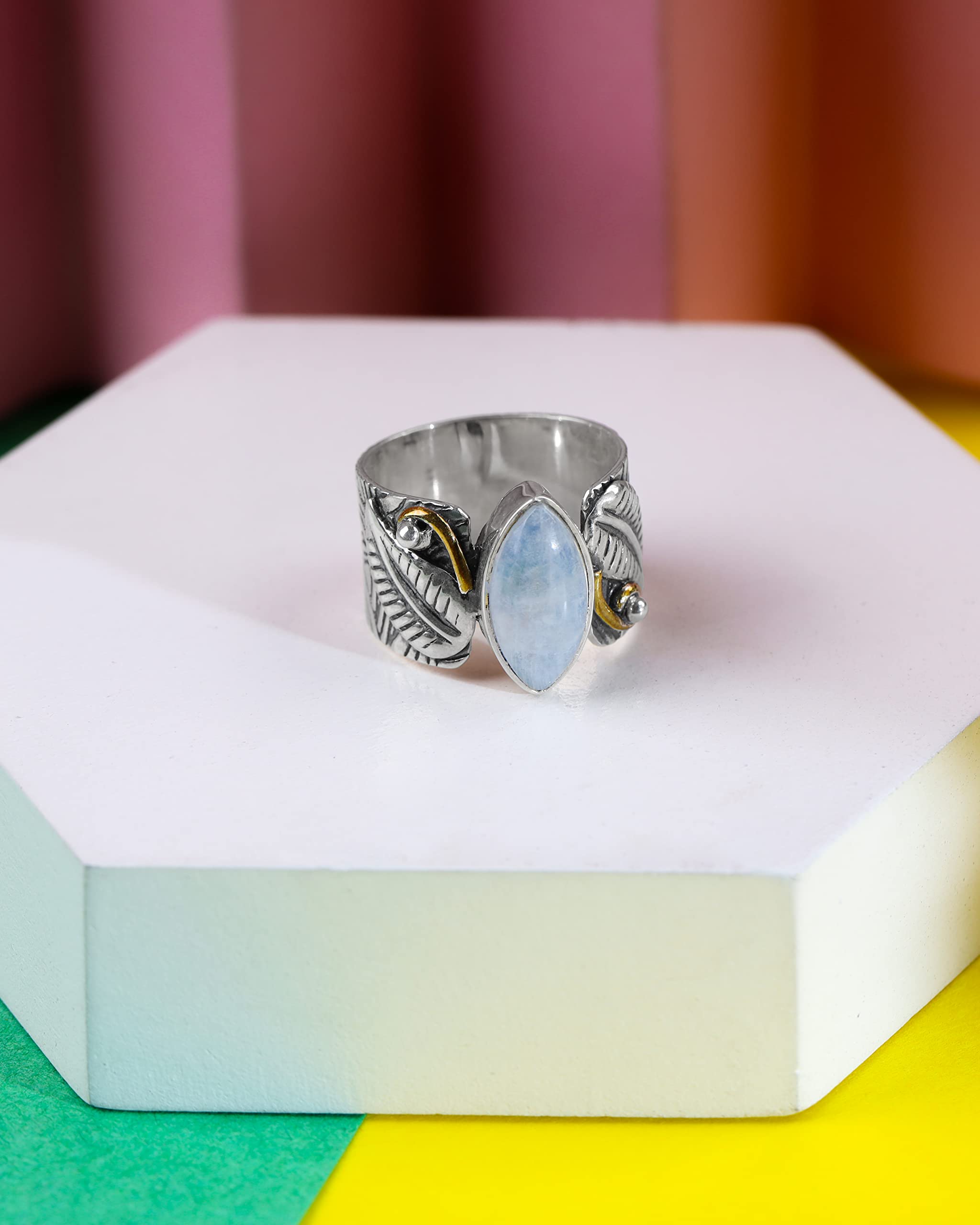 YoTreasure Blue Copper Turquoise Solid Sterling Silver Brass Leaf Design Ring